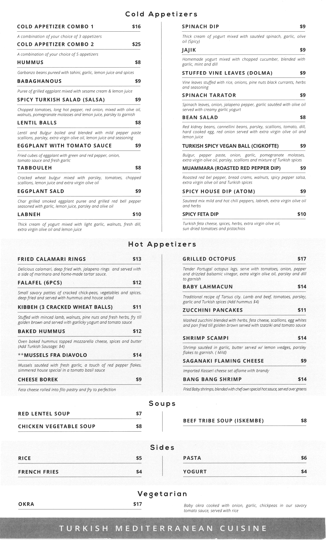 Dinner Menu - Turkish Mediterranean Cuisine