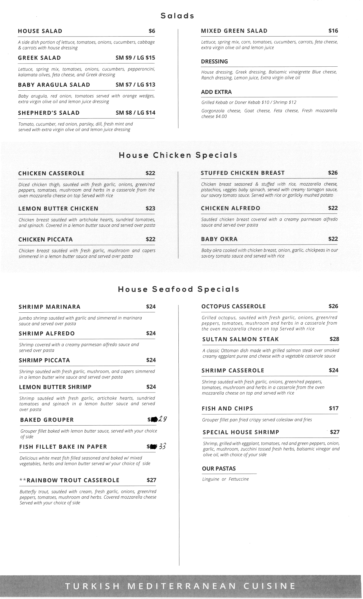 Dinner Menu - Turkish Mediterranean Cuisine