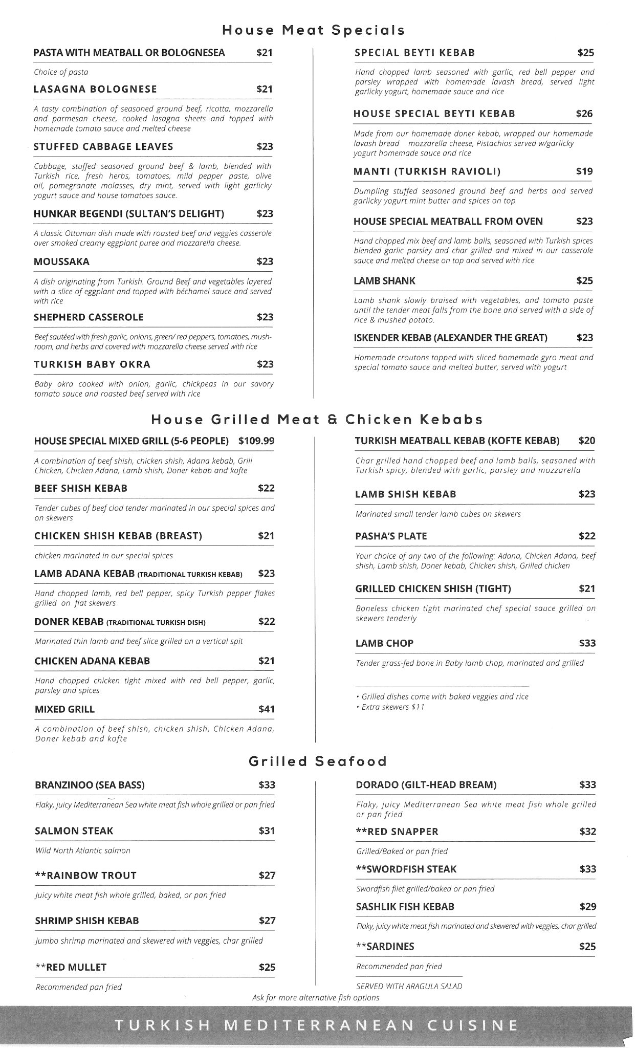 Dinner Menu - Turkish Mediterranean Cuisine