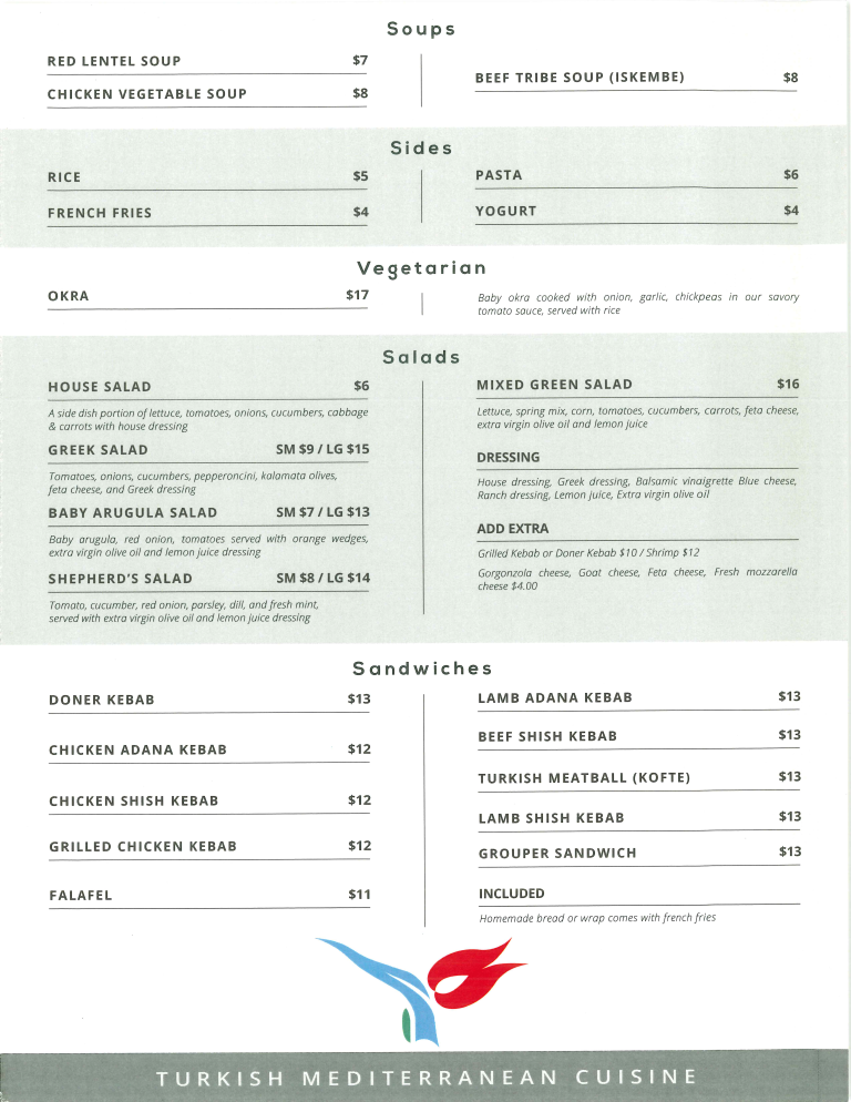 Lunch Menu - Turkish Mediterranean Cuisine