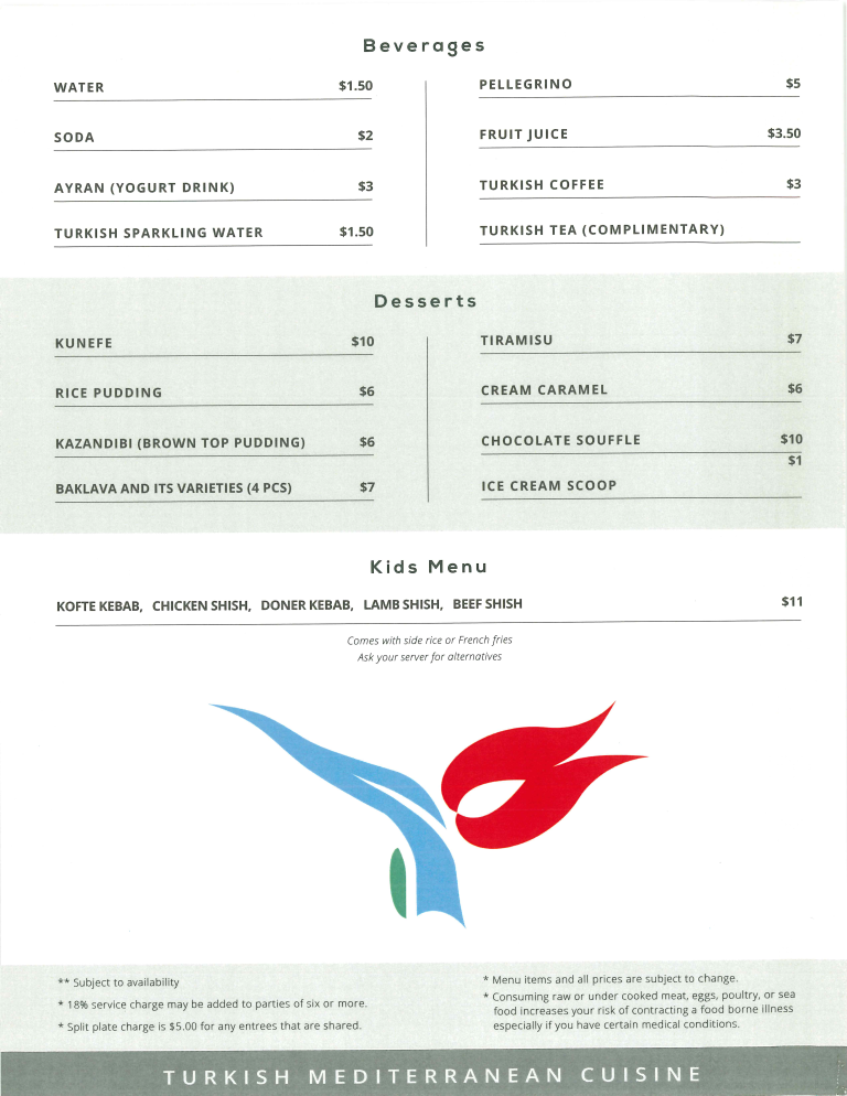 Lunch Menu - Turkish Mediterranean Cuisine
